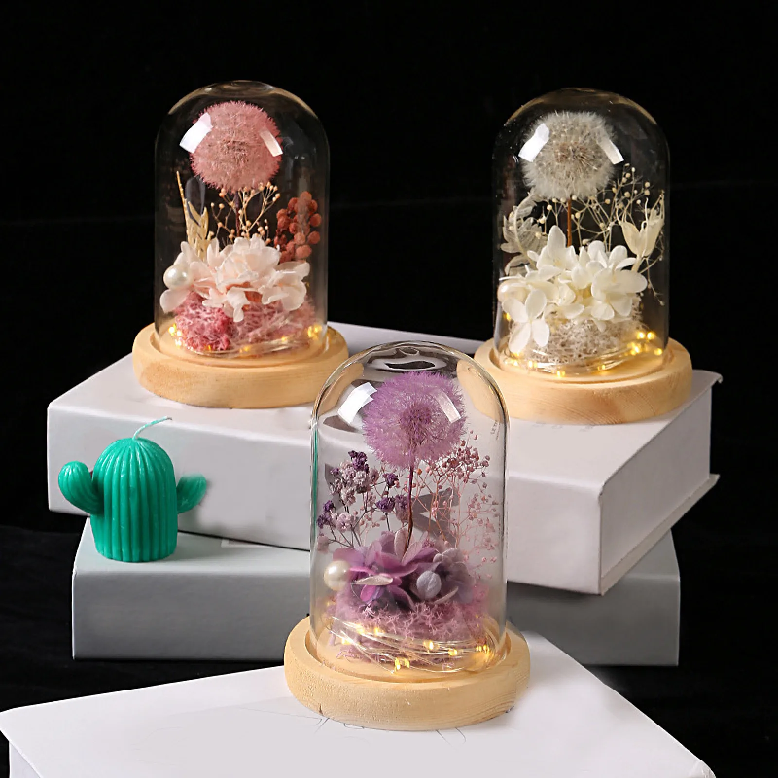 Flor-eterna-preservada-em-c-pula-de-vidro-com-luz-led-flores ...