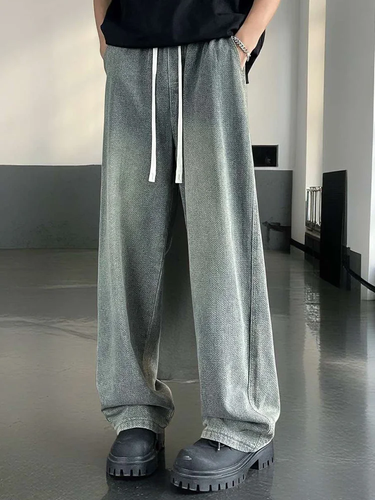 New-Men-Drawstring-Elastic-Waist-Wide-Leg-Jeans-Streetwear-Straight ...