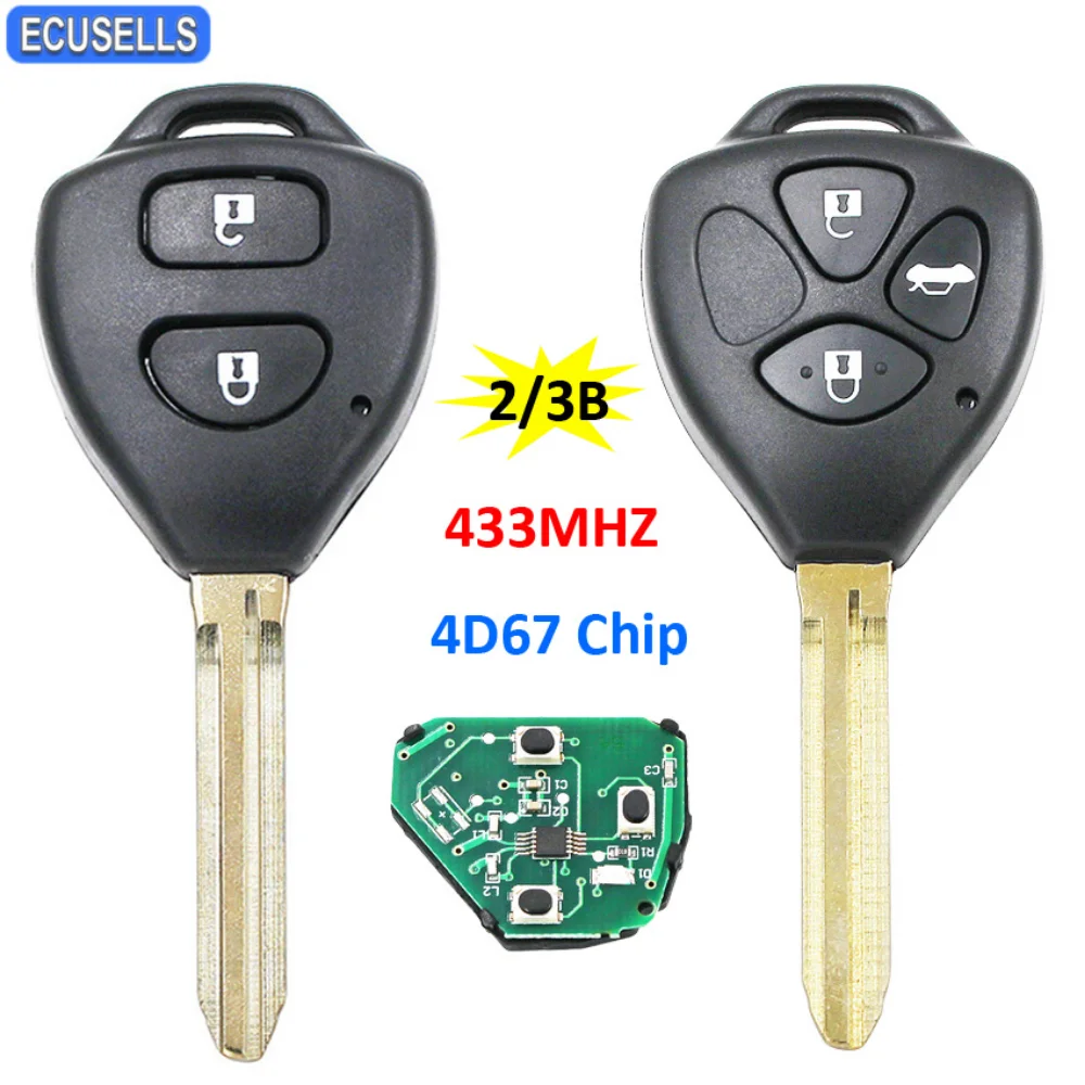 Ecusells 2/3 Button Remote Car Key 433MHz 4D67 Chip TOY43 Uncut Blade ...