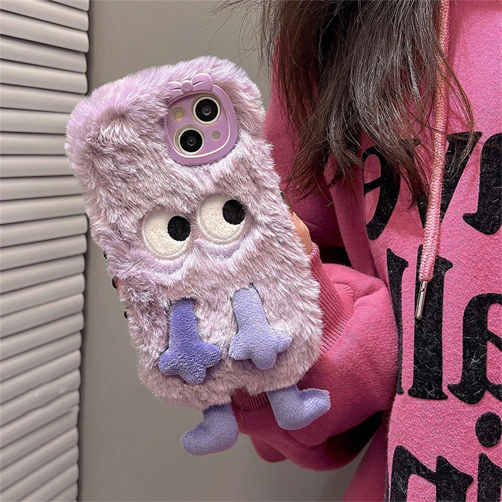 Koreaanse Leuke Cartoon Fuzzy Pluche Monster Telefoon Case Voor Iphone