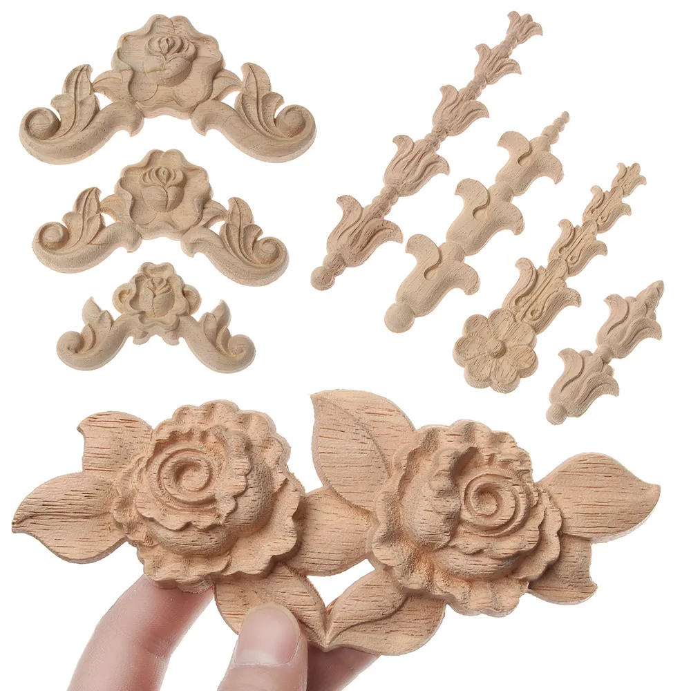 Floral Carved Corner Appliques Woodcarving Rose Natural Wooden Crafts ...
