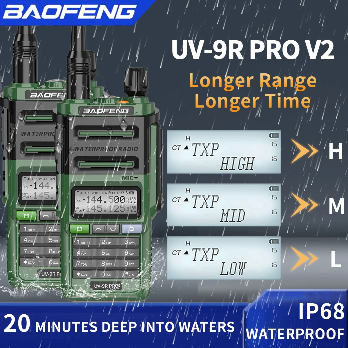 2PCS Baofeng UV-9R Pro V2 IP68 Waterproof Walkie Talkie High Power Long ...