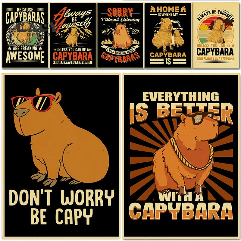 Animal Capybara Kraft Paper Cartoon Picture Design Poster Bedroom Wall ...