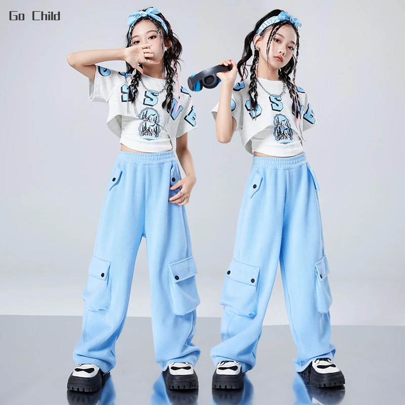 Girls Hip Hop Crop Top Blue Cargo Pants Kids Printed T-shirt Street ...
