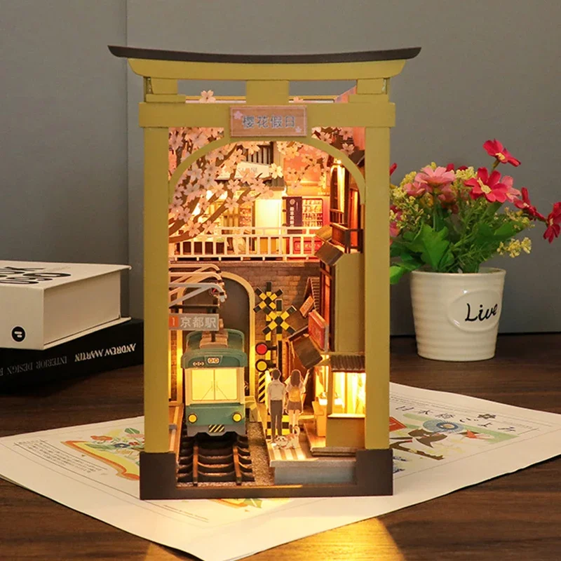 DIY-Wooden-Book-Nook-Shelf-Insert-Kits-Miniature-Cherry-Blossom-Train-Station-Bookends-Japanese ...