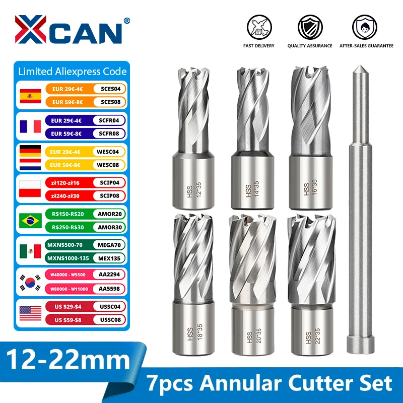 XCAN-Drill-Bit-7pcs-12-22mm-HSS-Annular-Cutter-Slugger-Bits-for-Mag ...