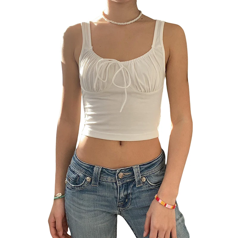 Women's Sleeveless Navel Vest Low Cut Front Tie-up Bottoming Tank Tops ...