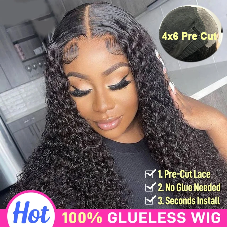 4x4 4x6 Lace Closure Wig Wear and Go Glueless Human Hair Wig Deep Wave ...