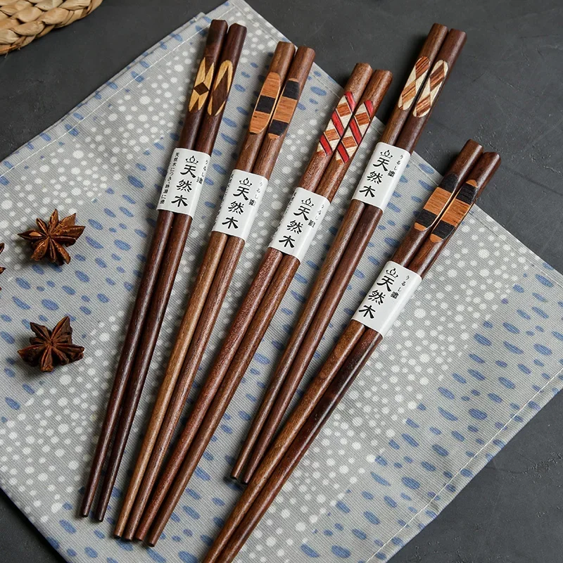 5-Pairs-Patchwork-Walnut-Wooden-Chopsticks-Sushi-Sticks-Chinese-Korean ...