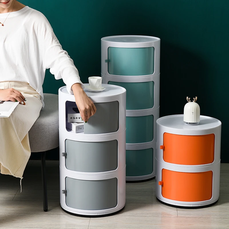 Round Nightstands Storage Cabinet Plastic Multi Layer Lockers Bedroom ...