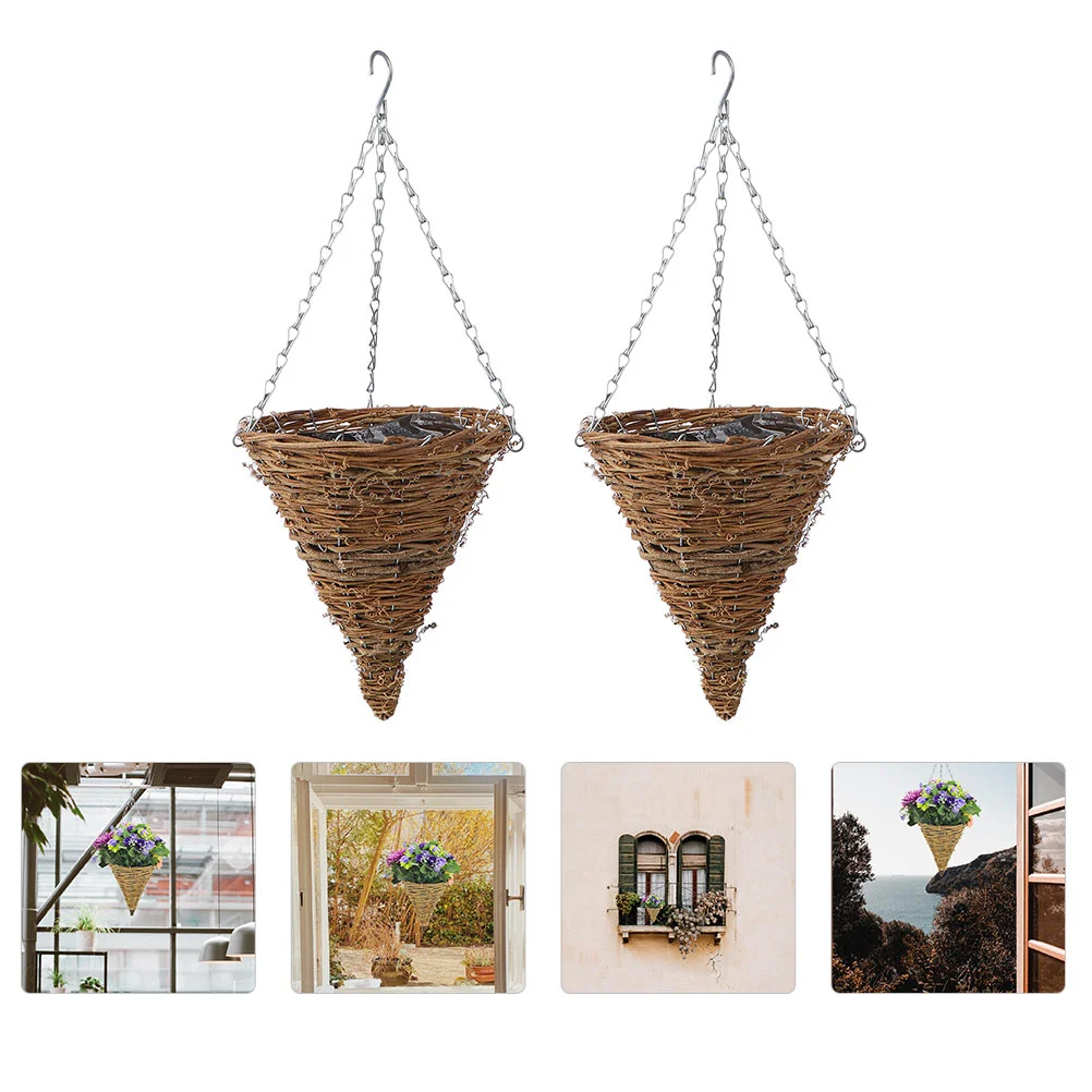2Pcs Cone Shape Basket Rattan Woven Art Hanging Flower Basket Versatile ...