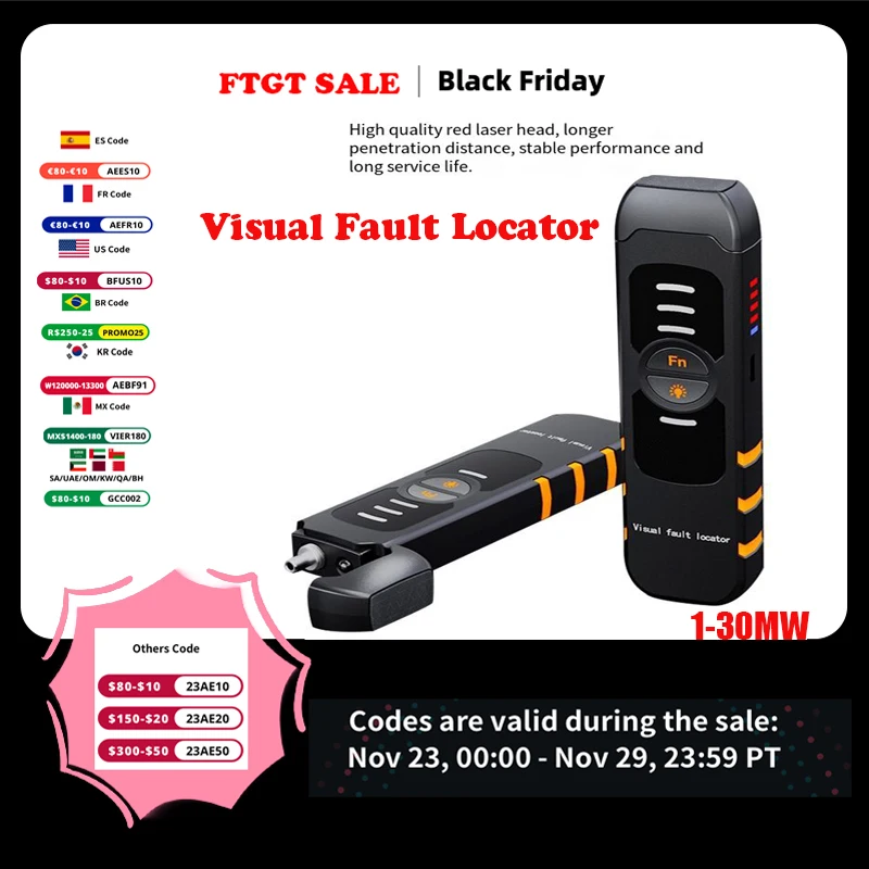 VFL 30KM 10MW 30MW Fiber Optic Tester Pen Tool FTTH Red Laser Optical ...