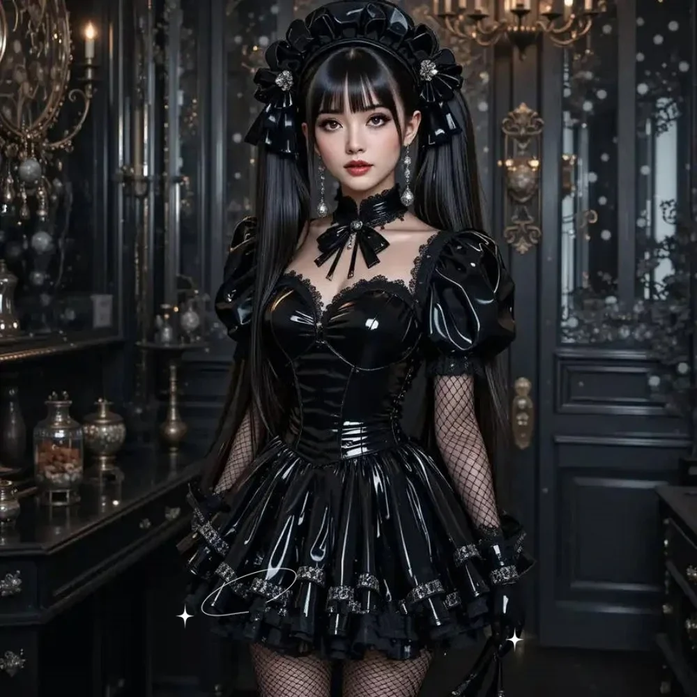 Shot Shiny Black PU Prom Dress Beading Pleat Puff Sleeve Cosplay Party ...