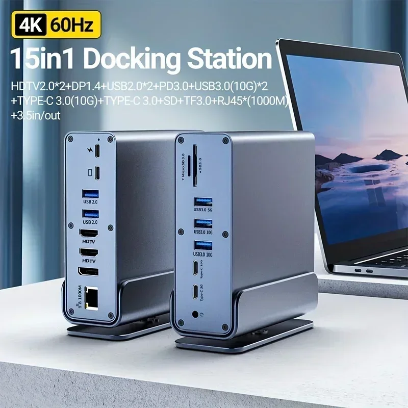 15 in 1 USB-C Docking Station 4K HD Vertical Hub with Triple Monitor ...
