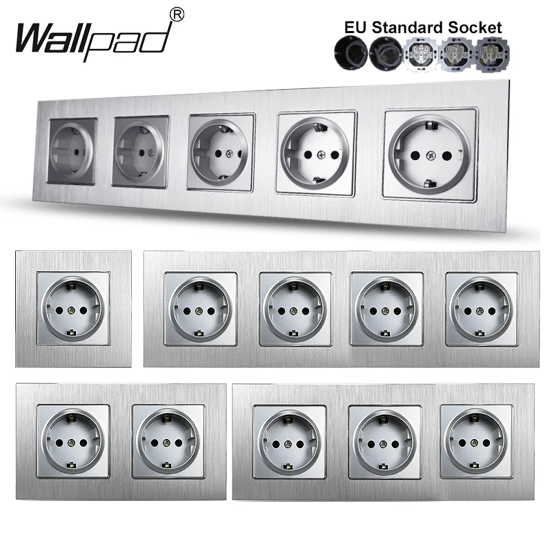 Grey-Silver-Metal-EU-Socket-Wallpad-110V-240V-Brushed-Aluminium-Frame ...