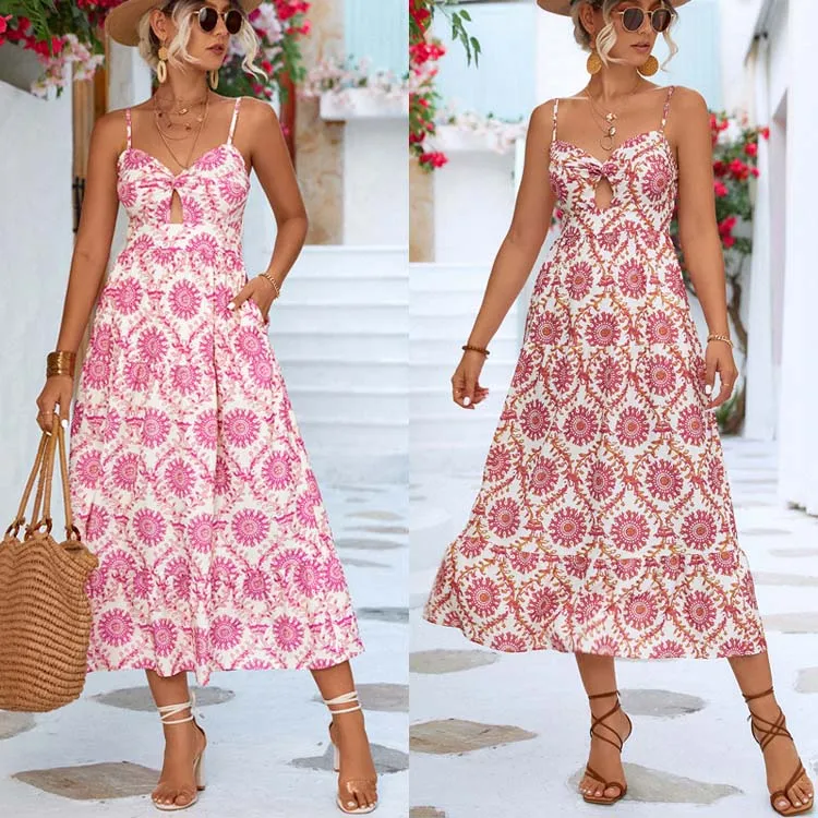 Women Bohemian Floral V Neck Flower Print Maxi Dress