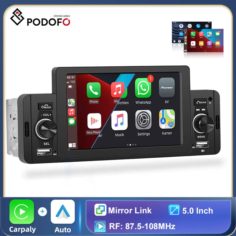 Podofo 5'' Car Radio 1Din CarPlay Android Auto Multimedia Player ...