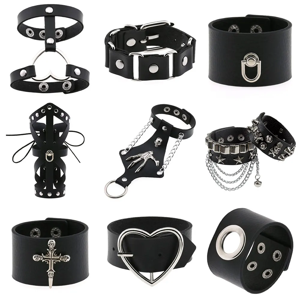 Handmade-Harajuku-Punk-Men-Gothic-Goth-Rivet-Skull-Wrap-Bracelet-Women ...