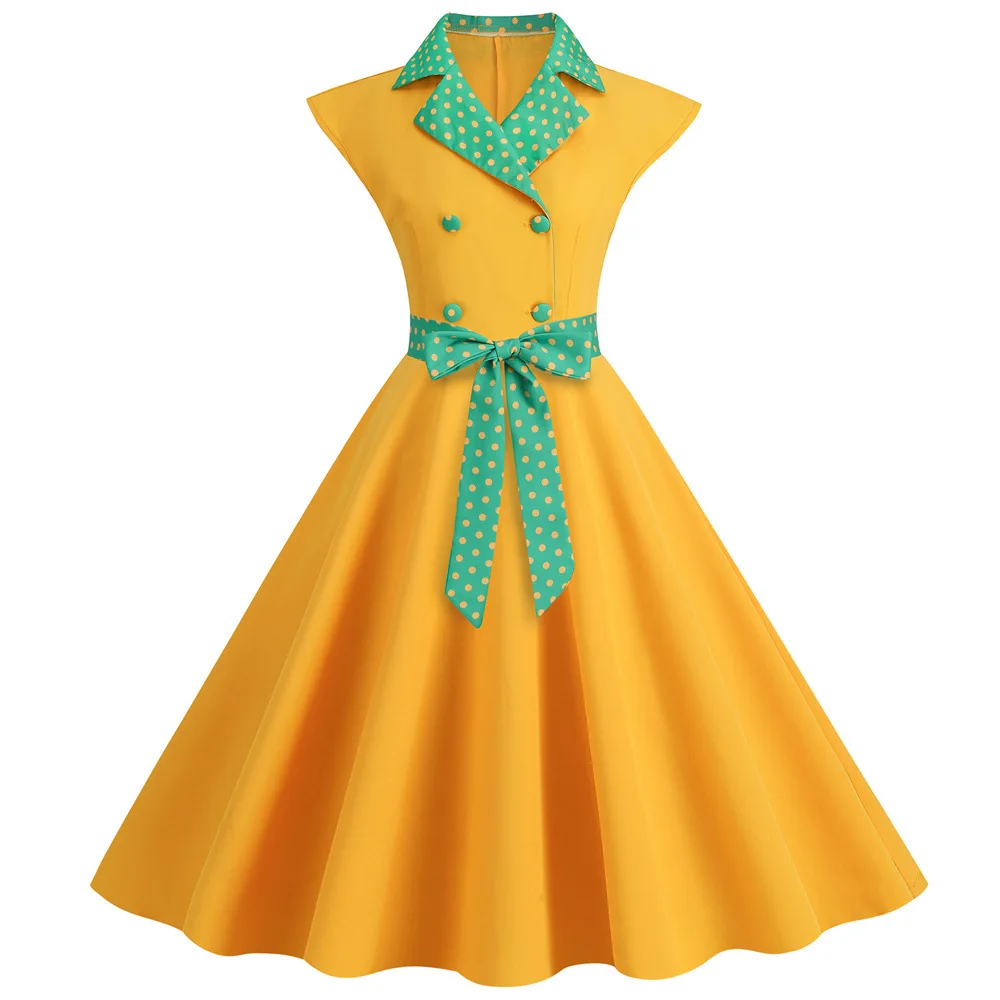 Robe-de-bureau-crant-e-pour-femme-robe-pin-up-l-gante-jaune-imprim-pois ...