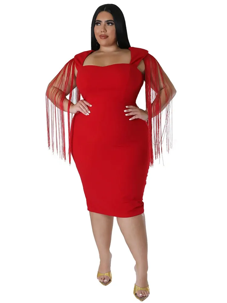 Big-Size-Women-Red-Dress-Sexy-Chic-Tassels-Sleeveless-Slim-Elegant ...