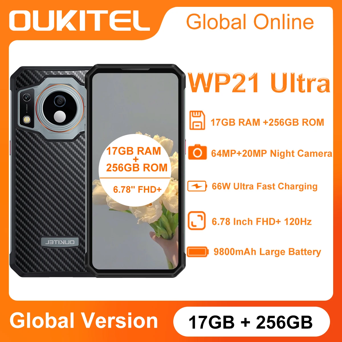 OUKITEL WP21 울트라 러기드 스마트폰, 6.78 인치 FHD + 12GB + 256GB 9800mAh 휴대폰, 64MP ...