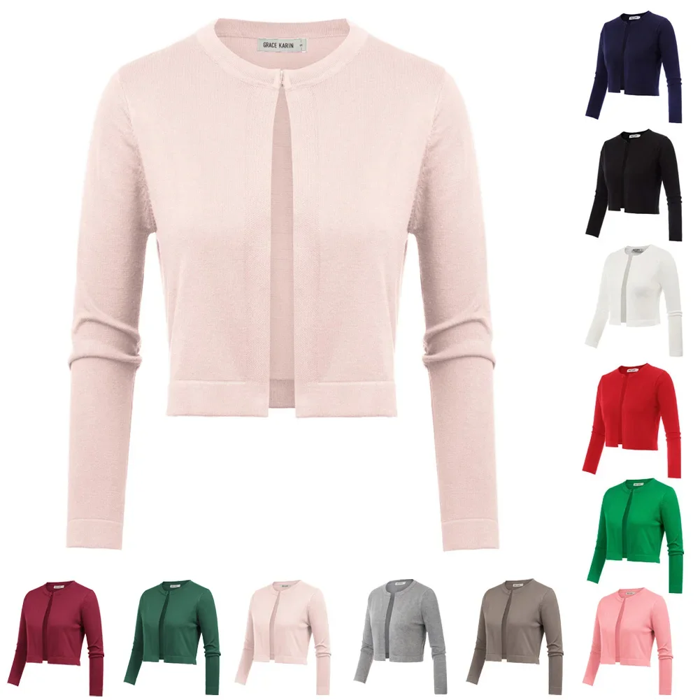 Jacket-Cardigan-Tops-Women-Blouse-Casual-Coat-Crew-neck-Cropped-Grace ...