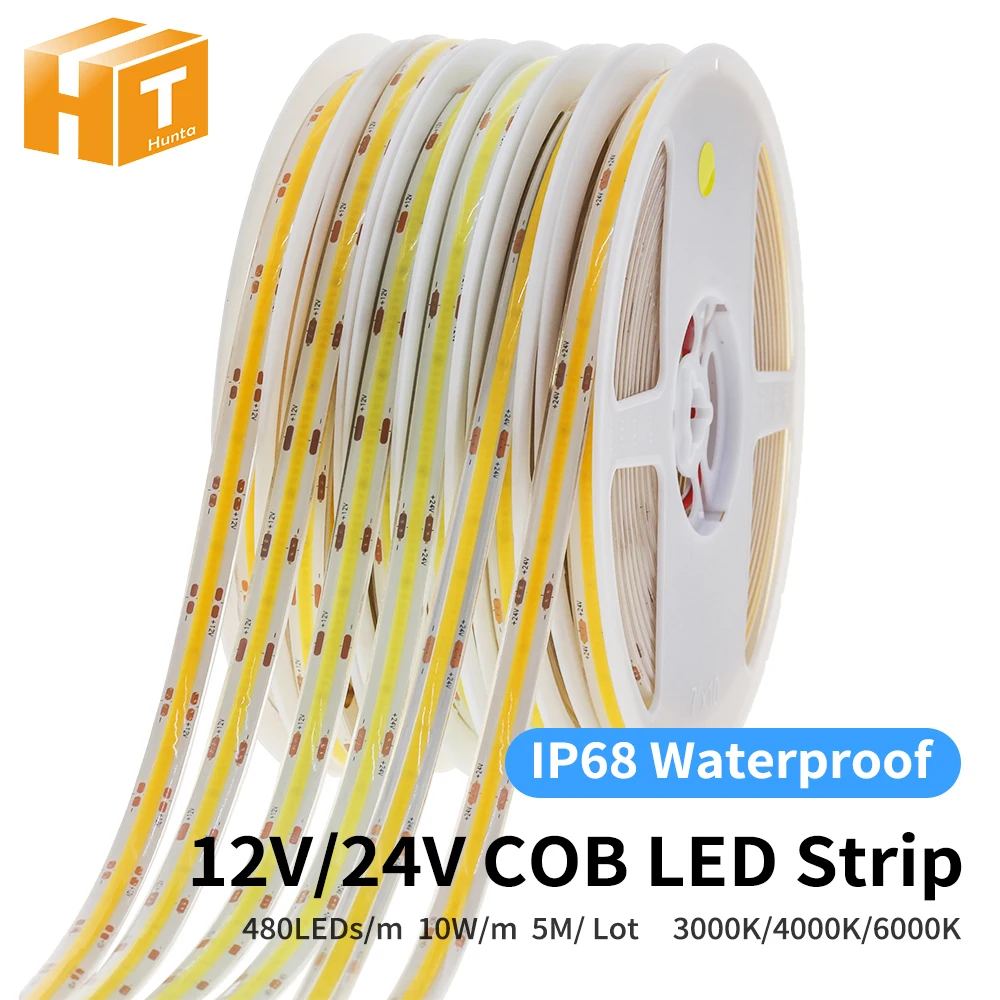 COB LED Strip 12V 24V 480LEDs 10W/m 3000K 4000K 6000K IP68 Waterproof ...