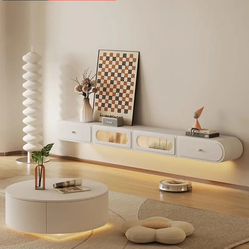 Cream Floating TV Stand Ultra Slim Wall Mounted Storage Shelf with ...