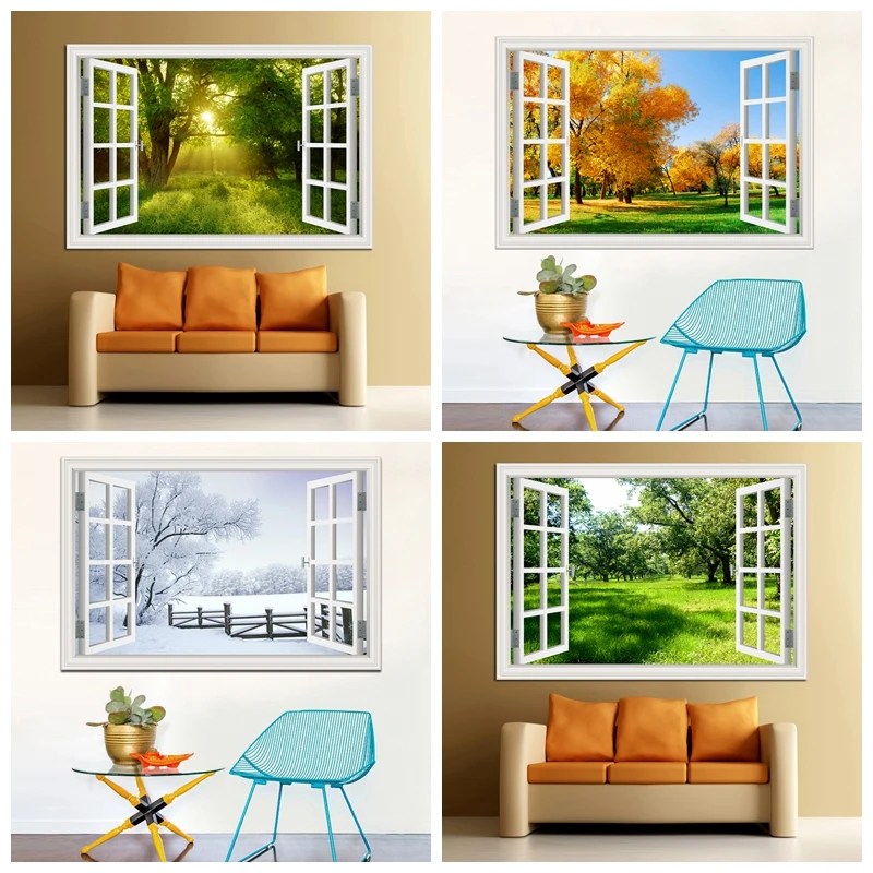 3D Window Wall Decal Decorative Sticker Forest Nature Landscape Poster ...