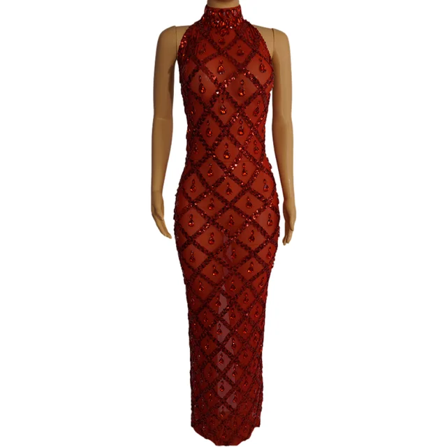 Red Stones dress Mermaid Bodycon Halter Sleeveless Ballroom Evening ...
