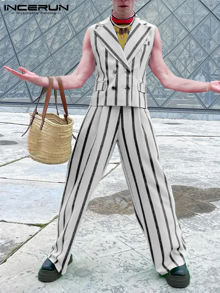 Incerun-Double-Breasted-Coletes-sem-mangas-listrados-e-cal-as-retas ...