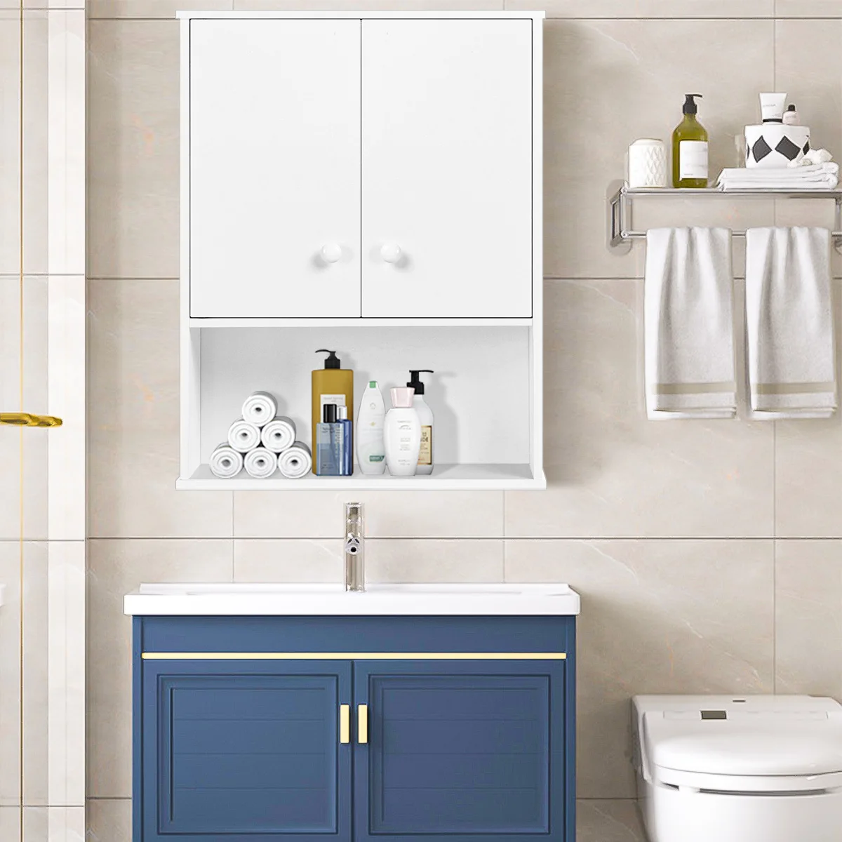 3 Shelves White Wall Mount Bathroom Cabinet with 2 Doors Shelves ...