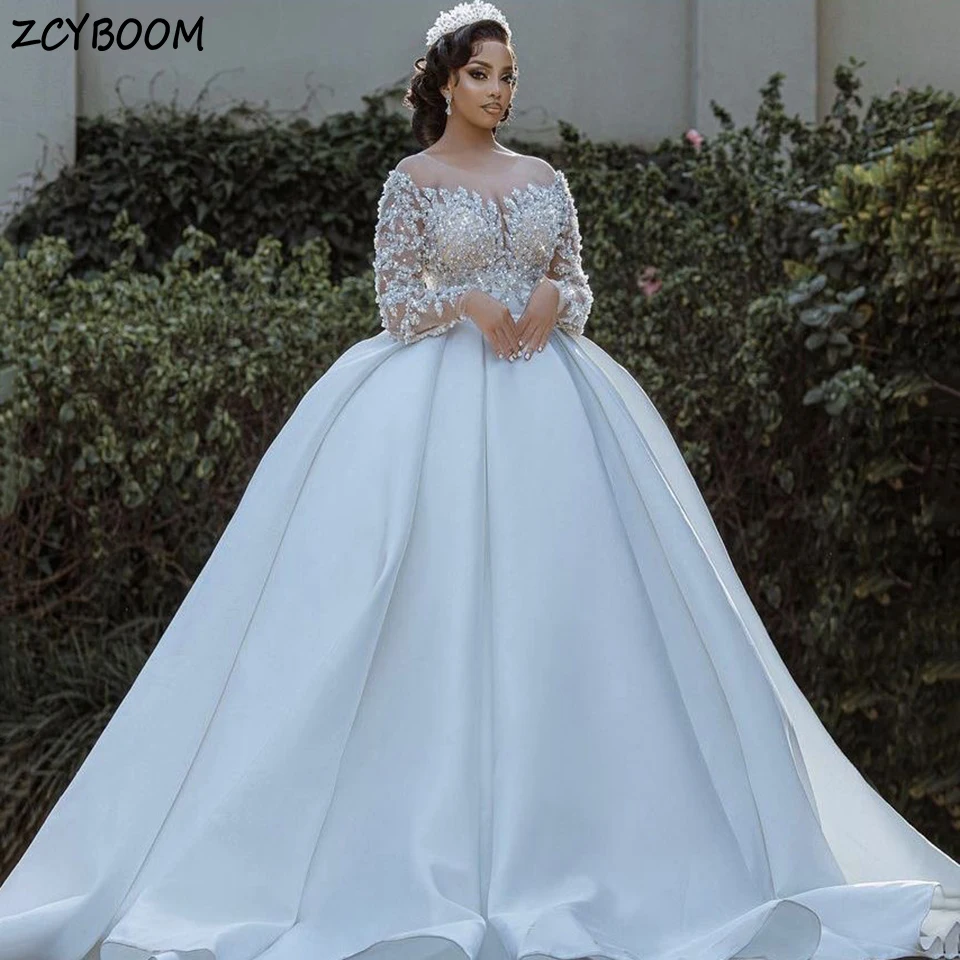 Customized-Sequin-Long-Sleeves-White-Wedding-Dress-2024-Ball-Gown-Floor ...