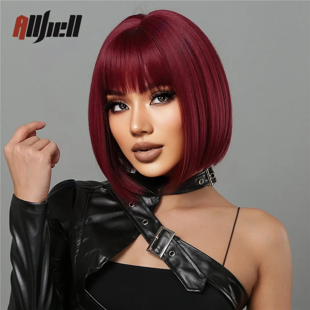 Short Wine Red Bob Wigs With Full Bangs Natural Synthetic Wigs for ...