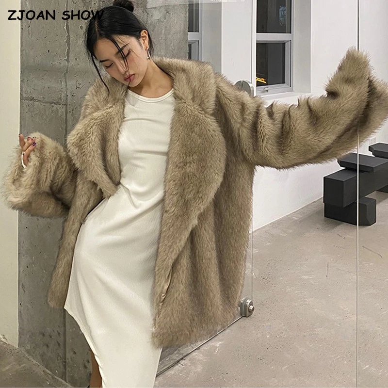HIGH QUALITY Winter Large Lapel Fur Coat Long sleeve Warm Shaggy Faux ...