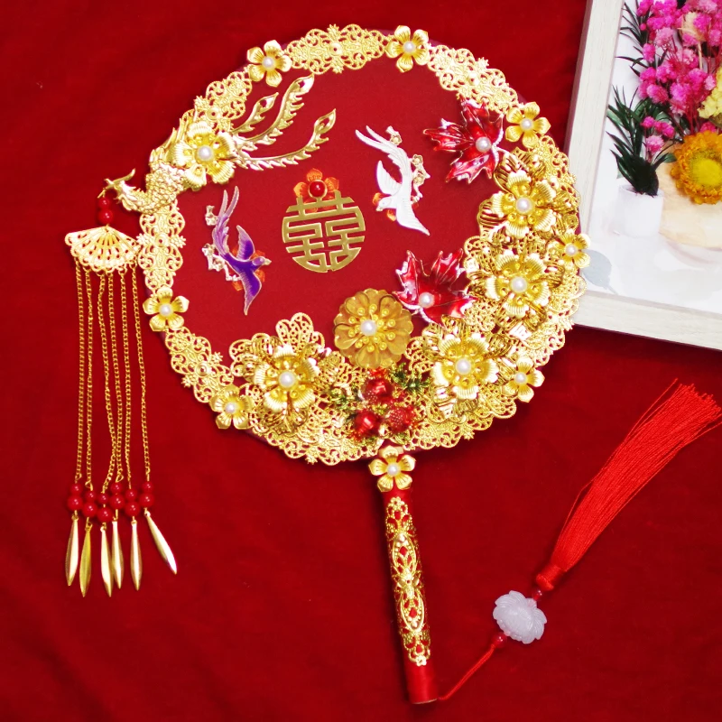 Leque chinês dourado phoenix clássico feito a mão redondo e artesanal ...