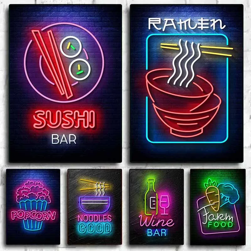 Neon-Food-Sign-Noodles-Ramen-Popcorn-Sushi-Poster-Print-Canvas-Painting ...