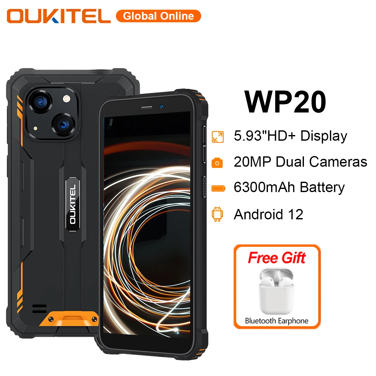 OUKITEL WP20 5.93'' HD+ Rugged Smartphone 4G+32G 6300 mAh Android 12 IP68&IP69K Mobile Phone ...