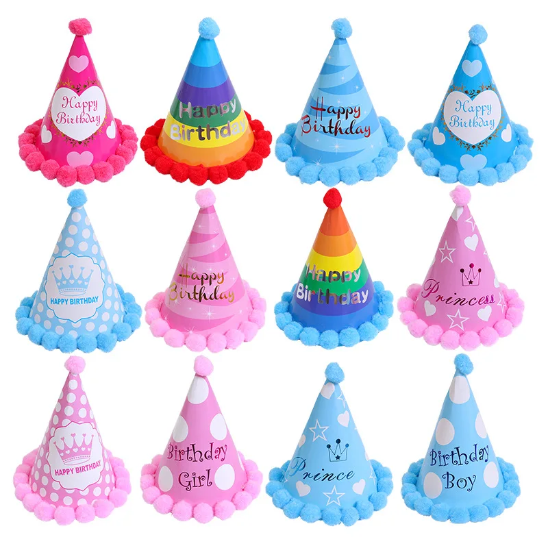 10pcs Party Birthday Hat Rainbow Plush Ball Cone Paper HatsKids Adults ...