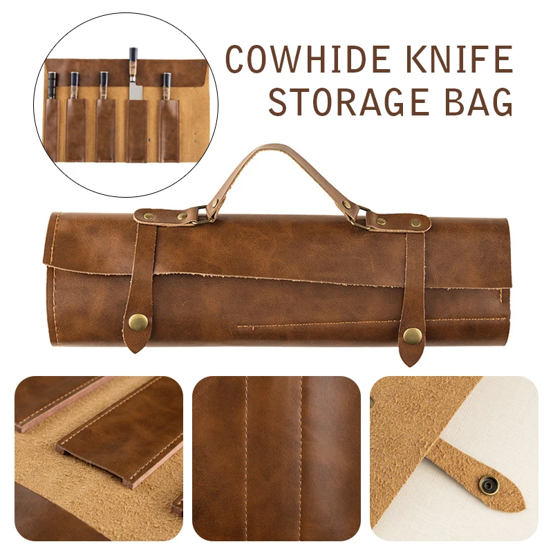 Portable Two layer Cowhide Leather Chef Knife Bag Cooking Kitchen ...