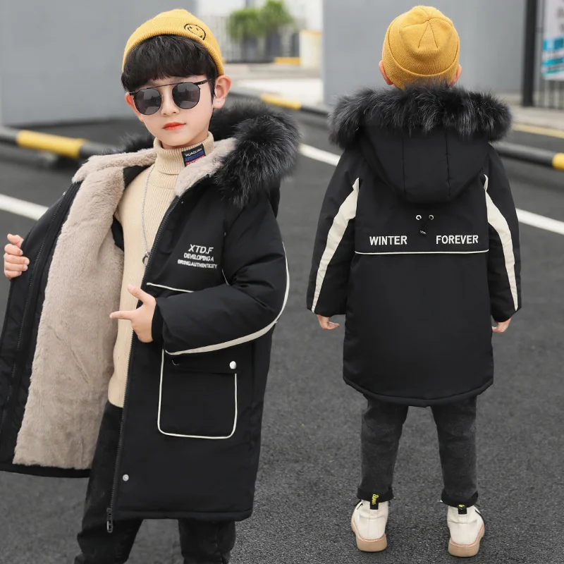 Teen parka Boy Winter faux fur Coat Children Plus Velvet Warm Jacket ...