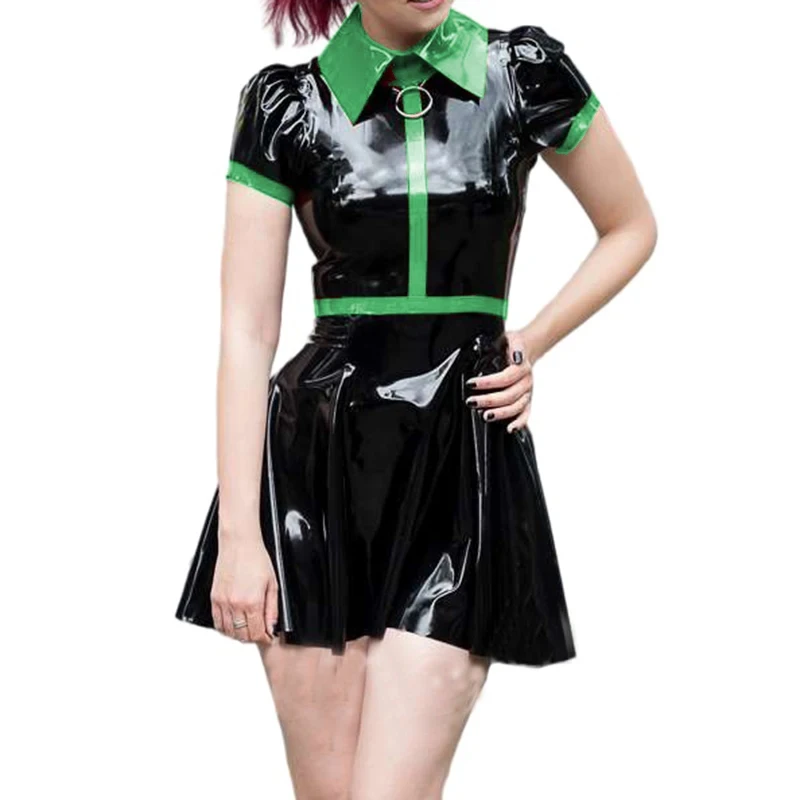 Gothic-Punk-Short-Puff-Sleeve-PVC-Shiny-A-line-Dress-Womens-Turn-Down ...