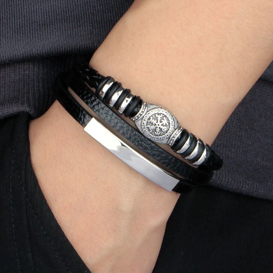 Trendy Leather Bracelets For Men Stainless Steel Bracelet 21CM ...