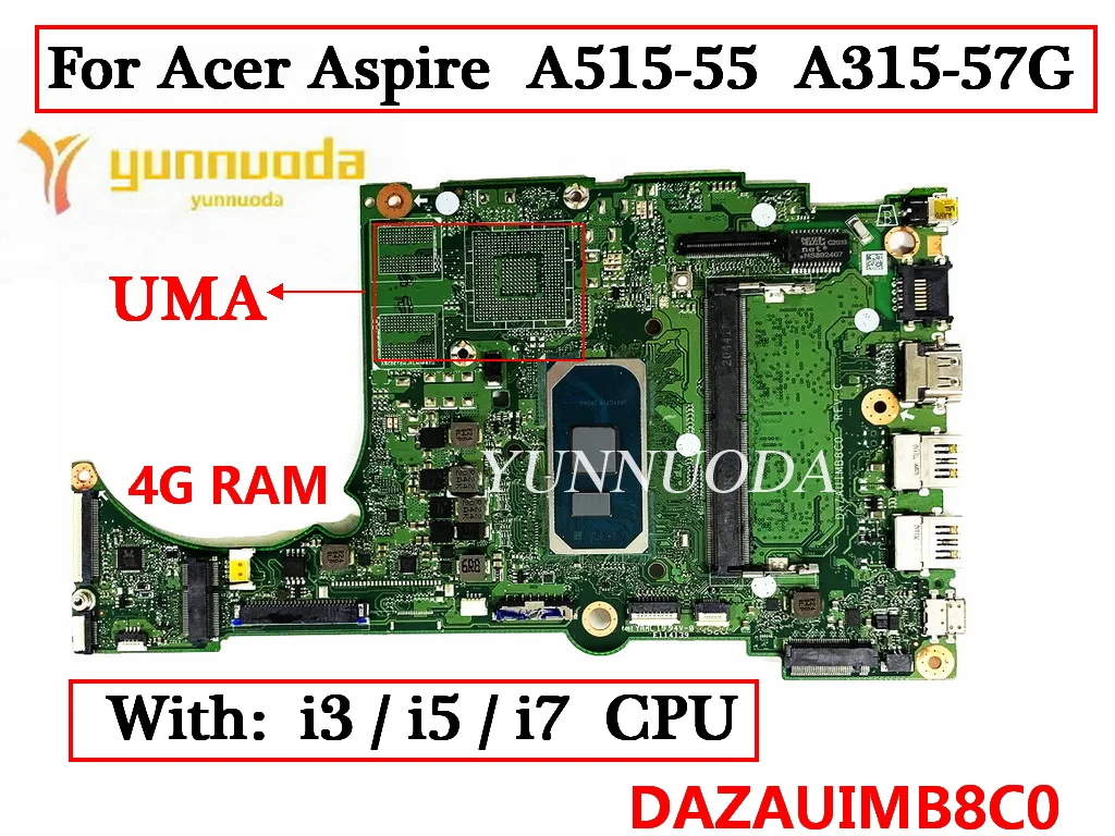 DAZAUIMB8C0 For Acer Aspire A515-55 A315-57G Laptop Motherboard With I3 ...