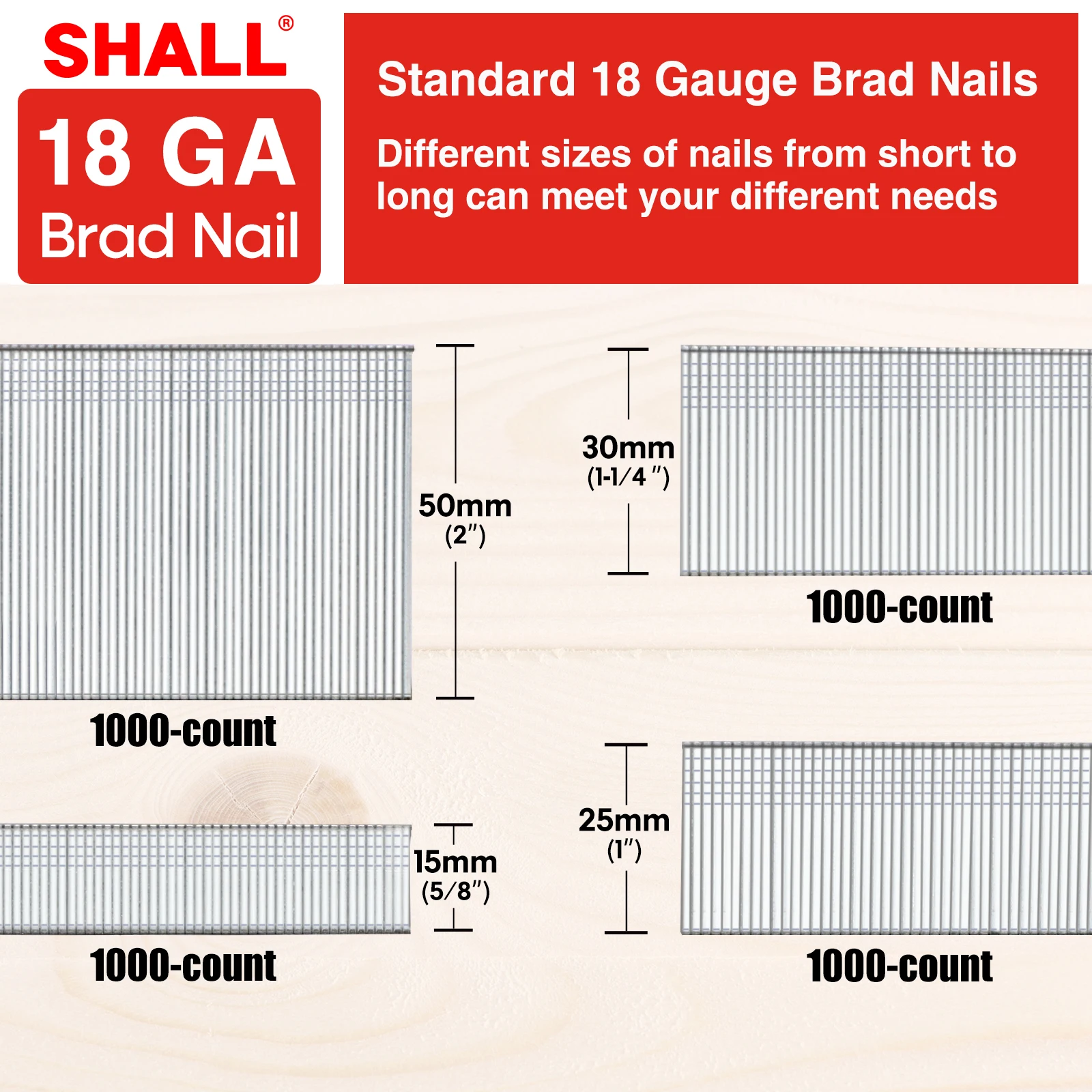 SHALL 4000 Counts 18GA Nail Gun Nails Multi Sizes 50/31/25/16mm 18 ...