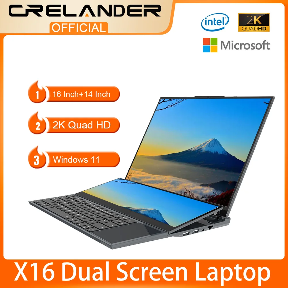 CRELANDER Laptop Dual Screen 16 Inch 2K LCD + 14 Inch Touch Screen Core ...