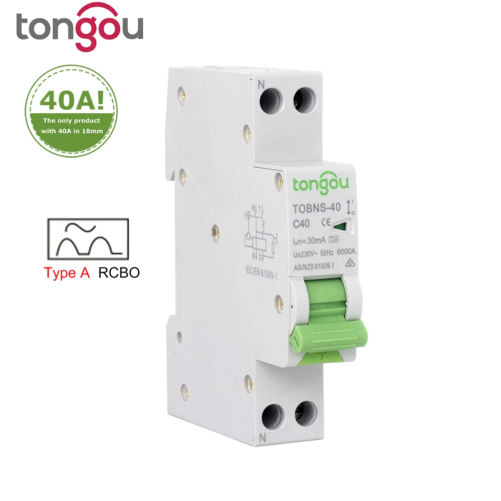 Type A 6ka 18mm Rcbo 40a 10ma 30ma Residual Current Circuit Breaker ...