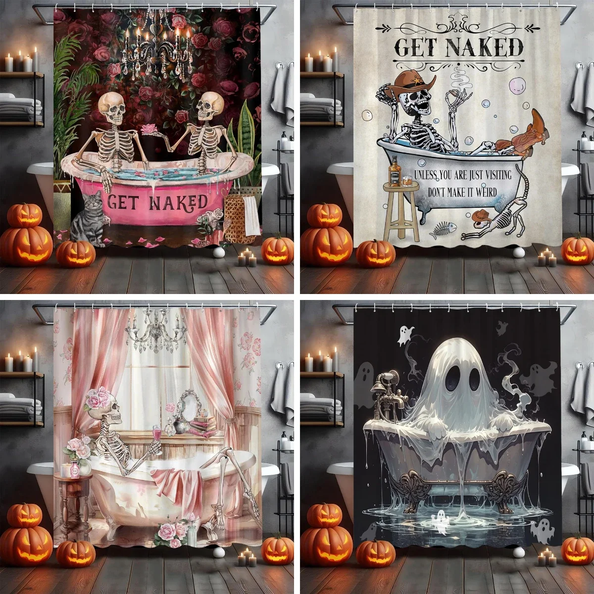 Gothic-Skull-Skeleton-Shower-Curtain-Halloween-Vintage-Spooky-Funny ...