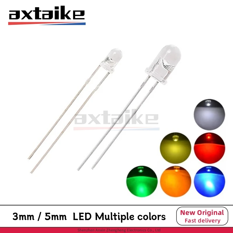 100PCS 3mm 5mm Super Bright Water Clear Green Red White Yellow Blue ...