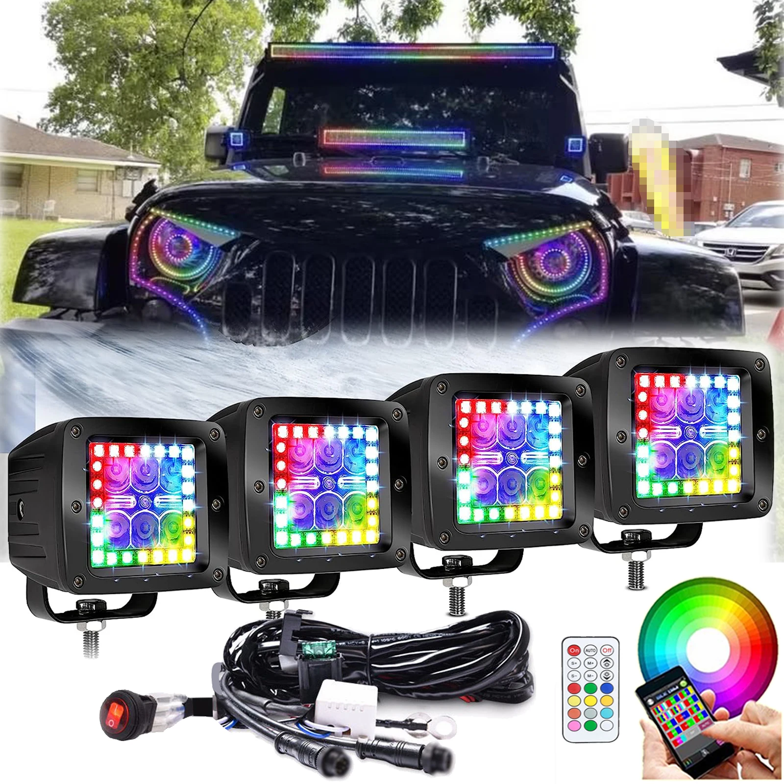 3-Inch-4in-60W-RGB-Led-Work-Lights-Offroad-Cube-Pods-w-Chasing-RGB-Halo ...